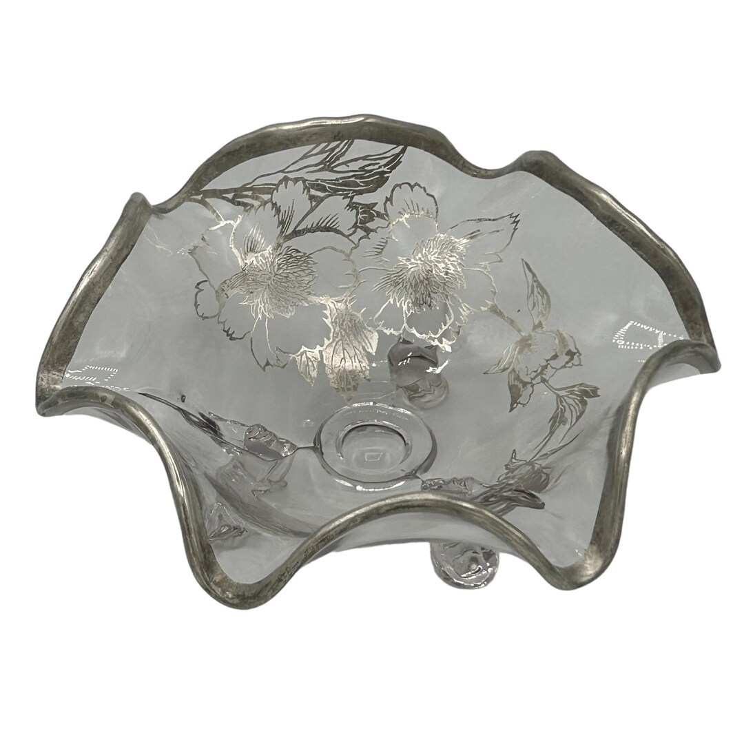 Vintage Silver City Handkerchief Art Glass Bowl Sterling Floral Overlay ...