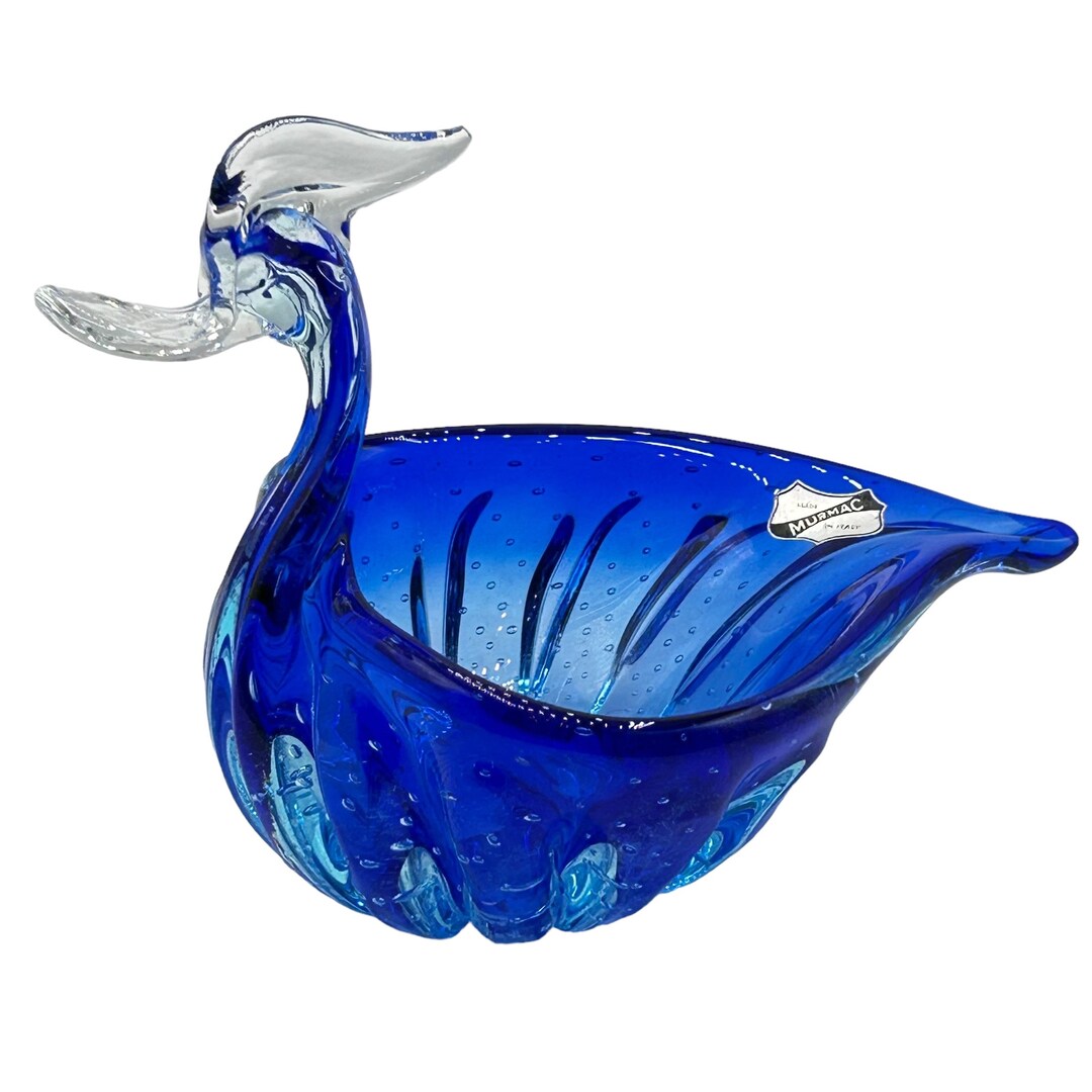 Vintage Murano Art Glass Blue Controlled Bubble Duck Bowl Murmac Italy ...
