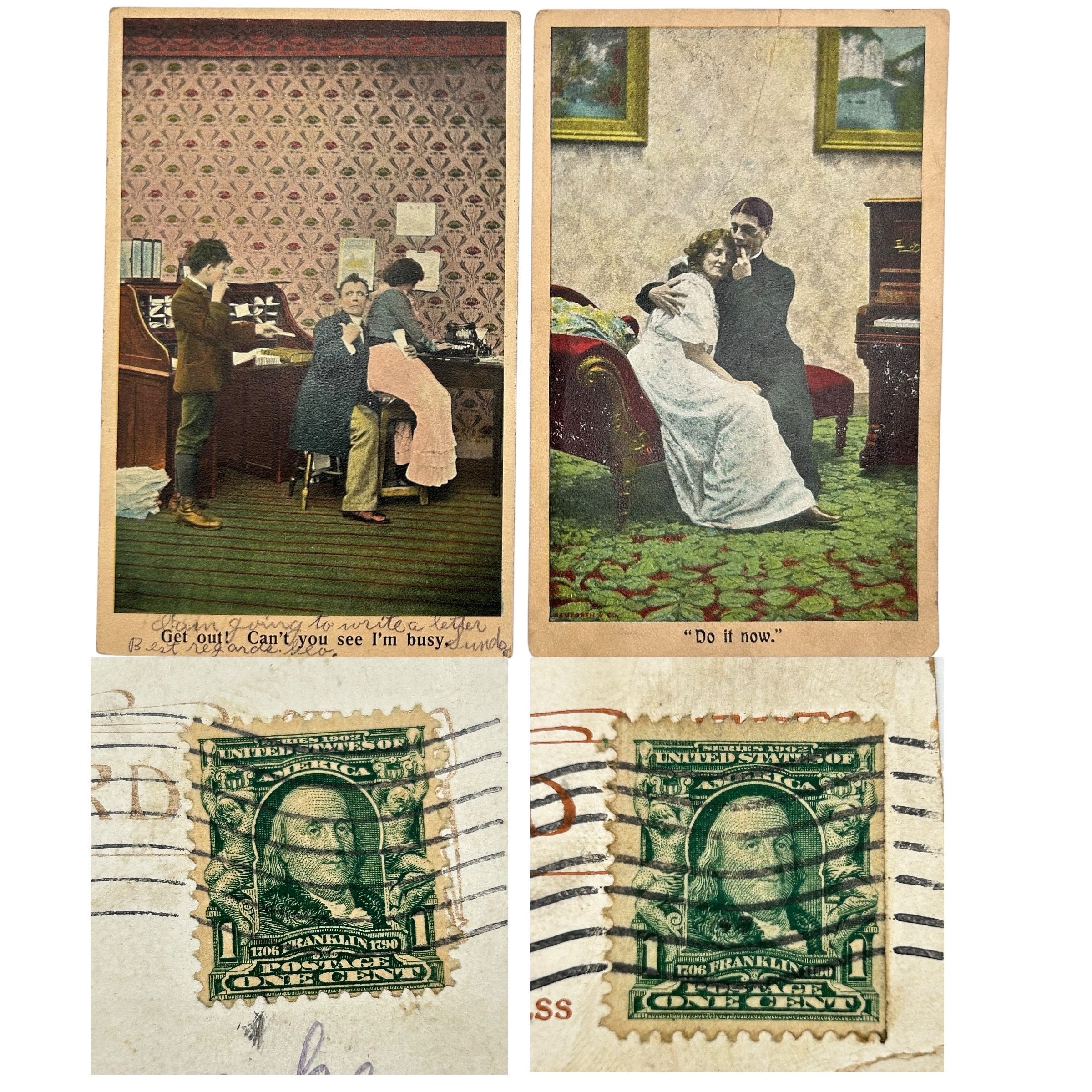 Antique Risqué Humor Postcards W 1902 Ben Franklin Stamps Postmarked ...