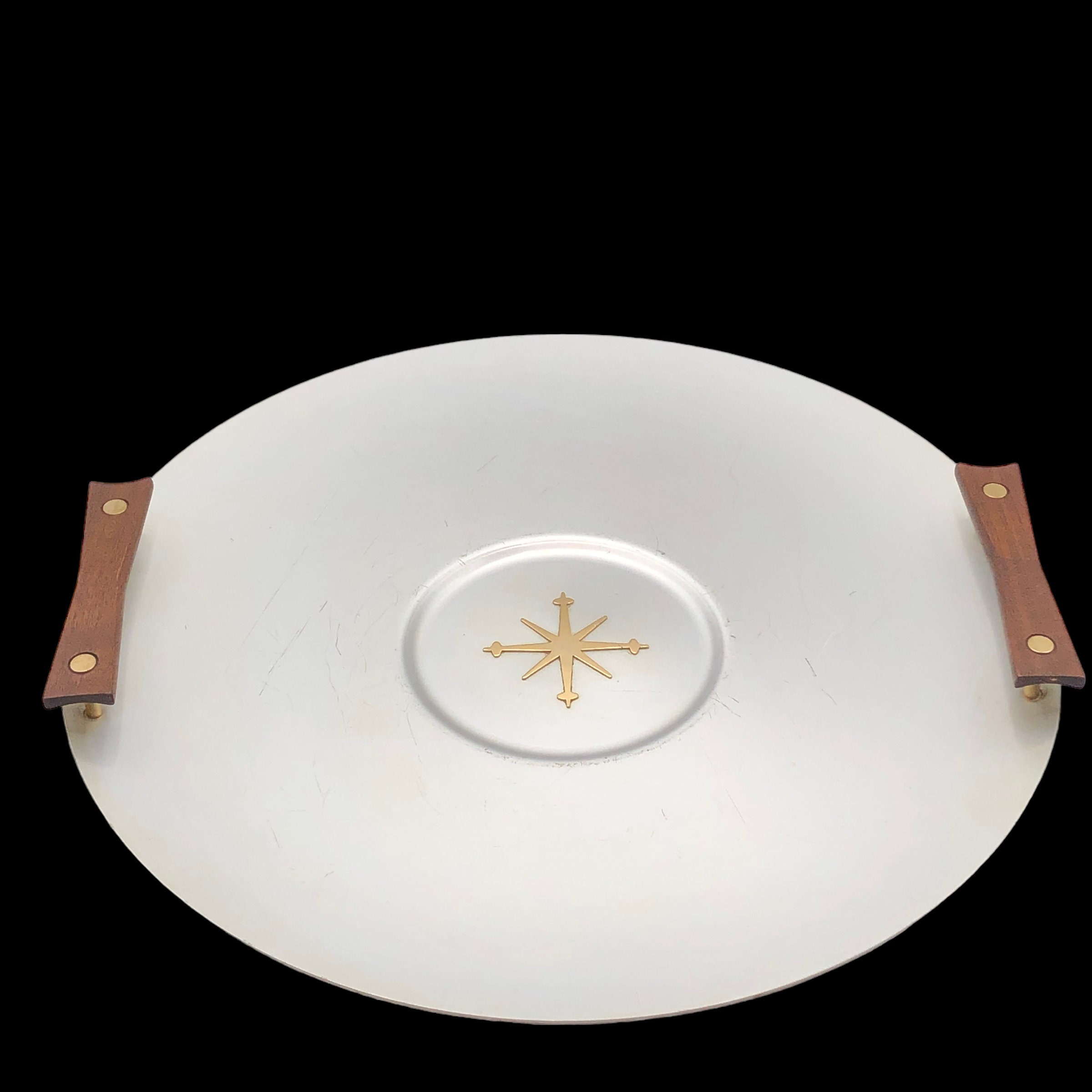Vintage MCM Mirro Medallion Aluminum Round Serving Tray Teak Handles 17 ...