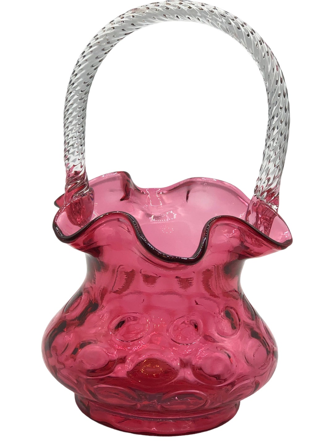 Vintage MCM Fenton Art Glass Basket Country Cranberry Coin Dot Clear ...