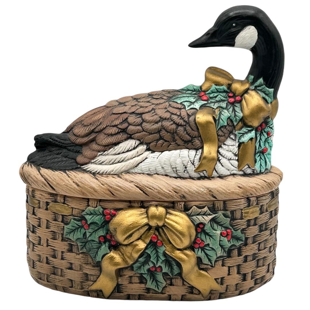 Vintage Ceramic Christmas Goose on Basket Gold Ribbon Holly Lidded Jar ...