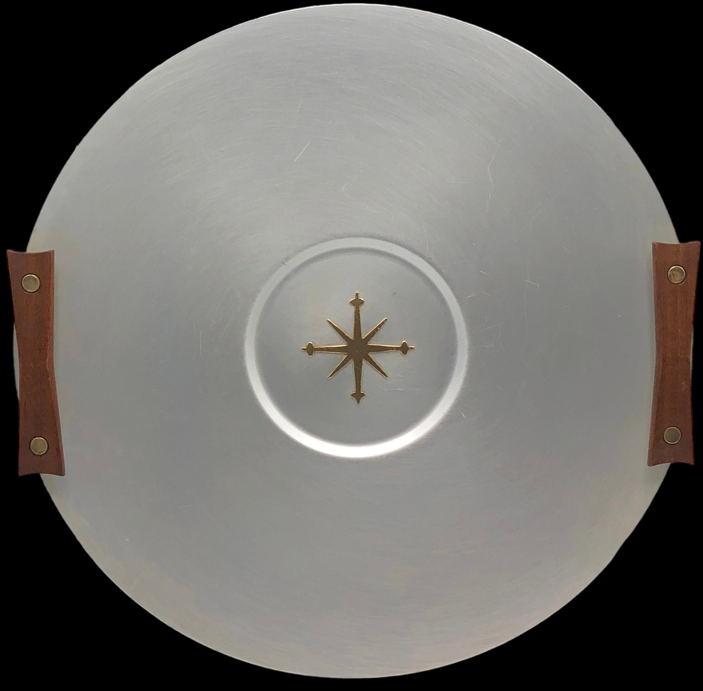 Vintage MCM Mirro Medallion Aluminum Round Serving Tray Teak Handles 17 ...