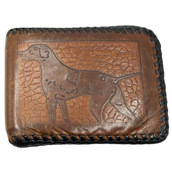 Vintage Midcentury Hand Tooled Leather Wallet Dog Pup… - Gem