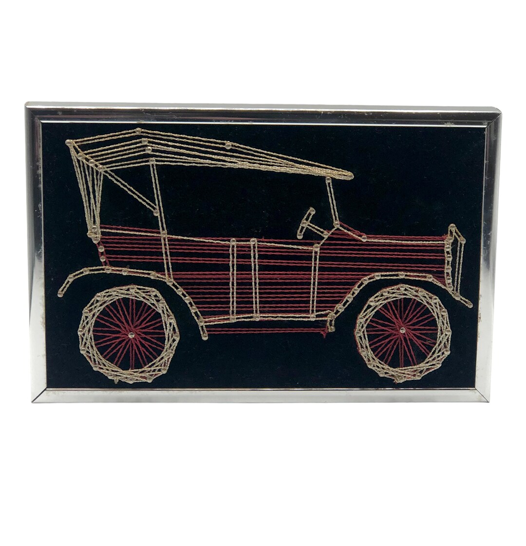 Vintage MCM Car String Art Picture Wall Art & Silver Frame Ship Shop ...