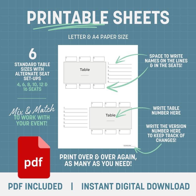 Rectangle Table Seating Chart Planning Sheets (printable & Instant ...