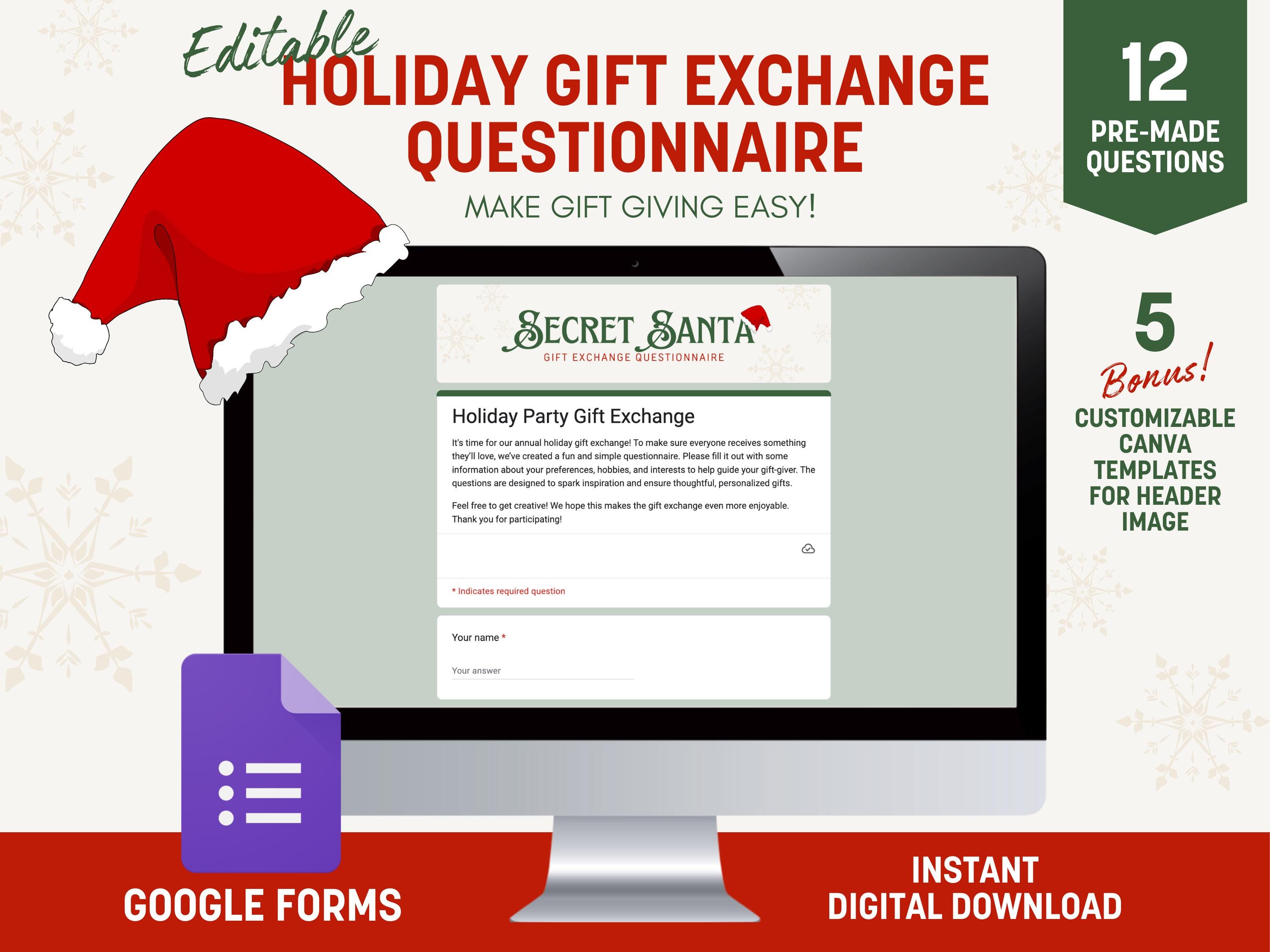 Editable Secret Santa Questionnaire, White Elephant Gift Exchange, Gift ...