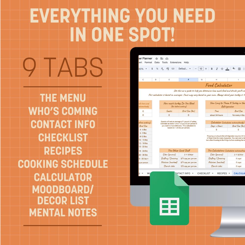 Thanksgiving Dinner Planner: Google Sheets Menu Template (digital ...