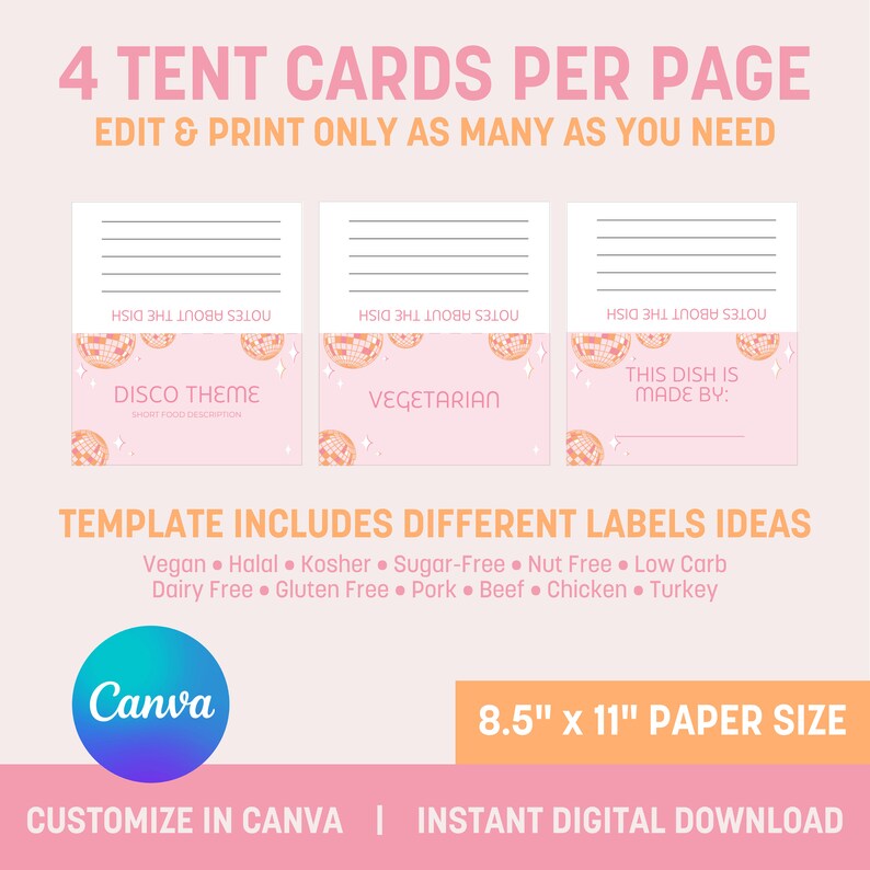 Editable Disco Buffet Card Template, Food Tent Card, Customizable Food ...