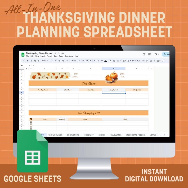 Thanksgiving Dinner Planner: Google Sheets Menu Template (digital ...