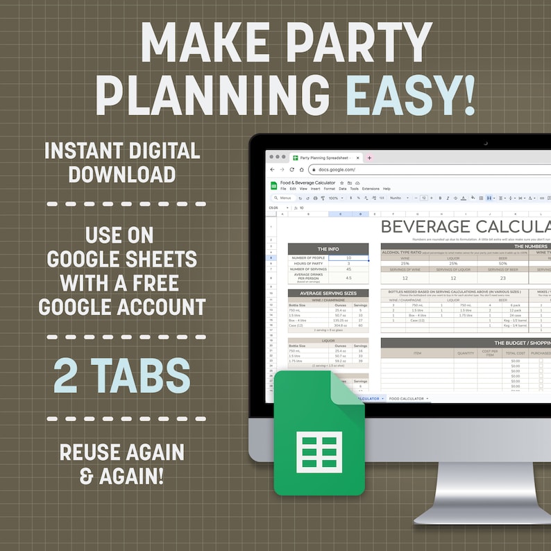 Food & Beverage Calculator: Party Planning Google Sheet (digital ...