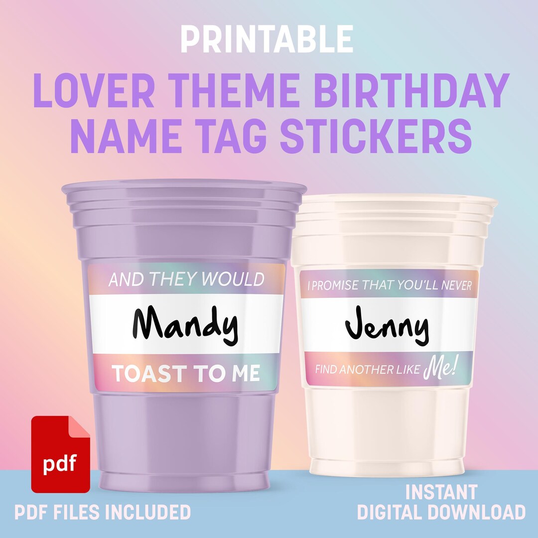 Taylor Swift Birthday Lover Themed Name Tags for Party Cups, DIY ...