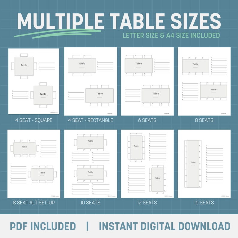 Rectangle Table Seating Chart Planning Sheets (printable & Instant ...