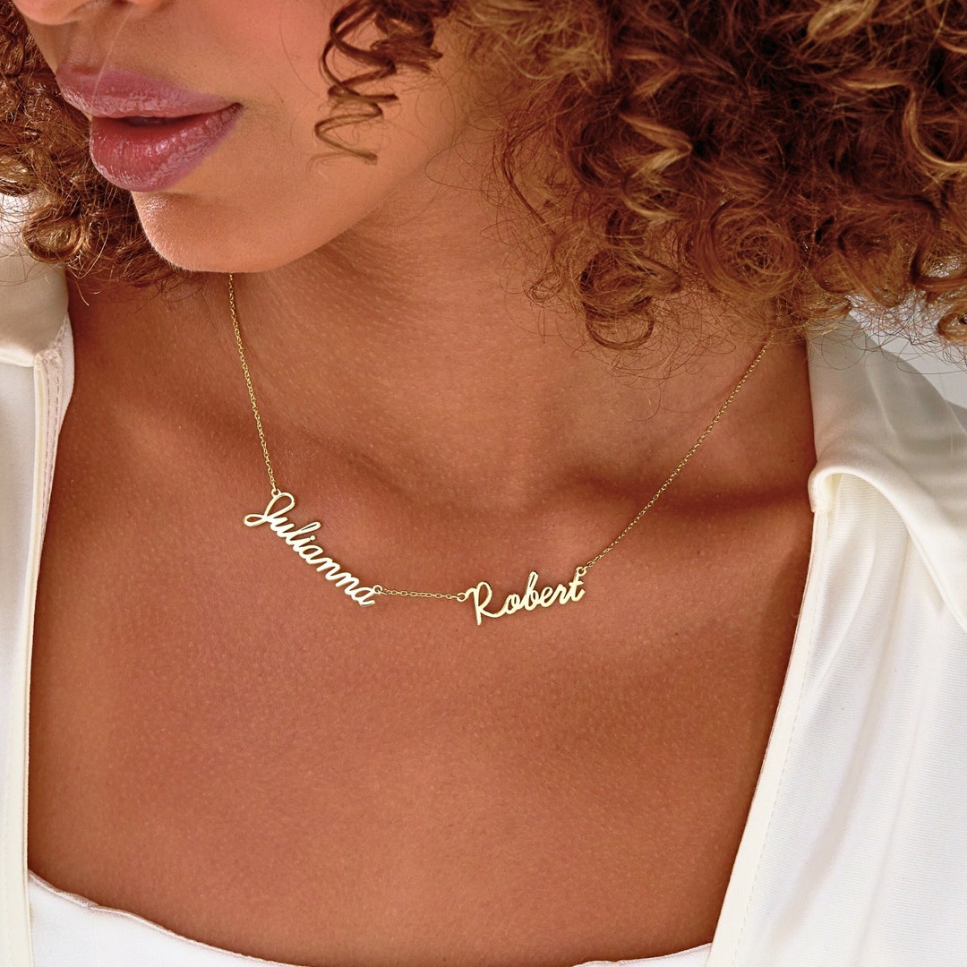 14K Solid Gold Two Names Necklace - Custom Two Name Handwriting ...