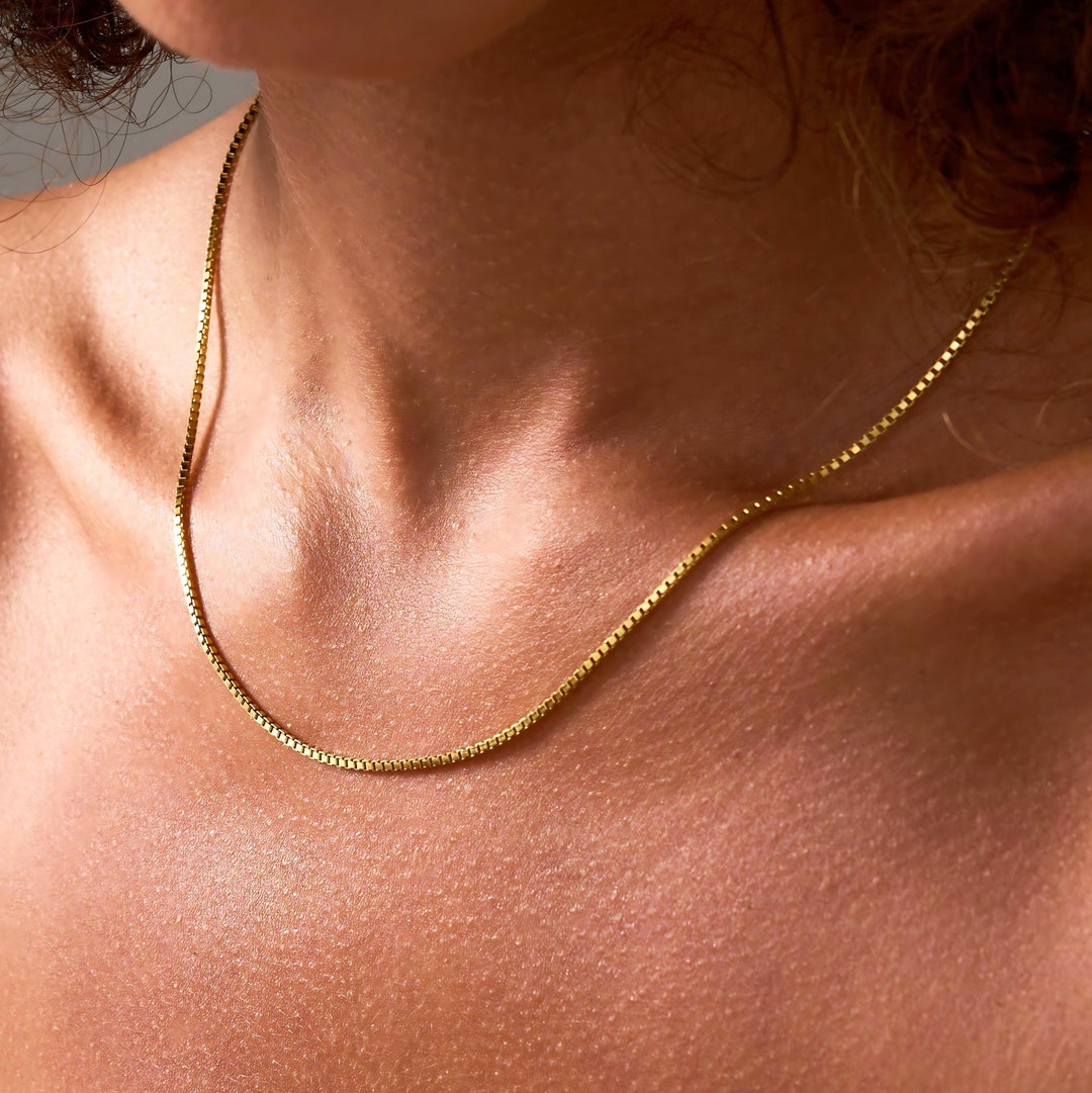 14K Gold Box Chain Necklace - Square Box Chain - Thin Gold Box Chain ...