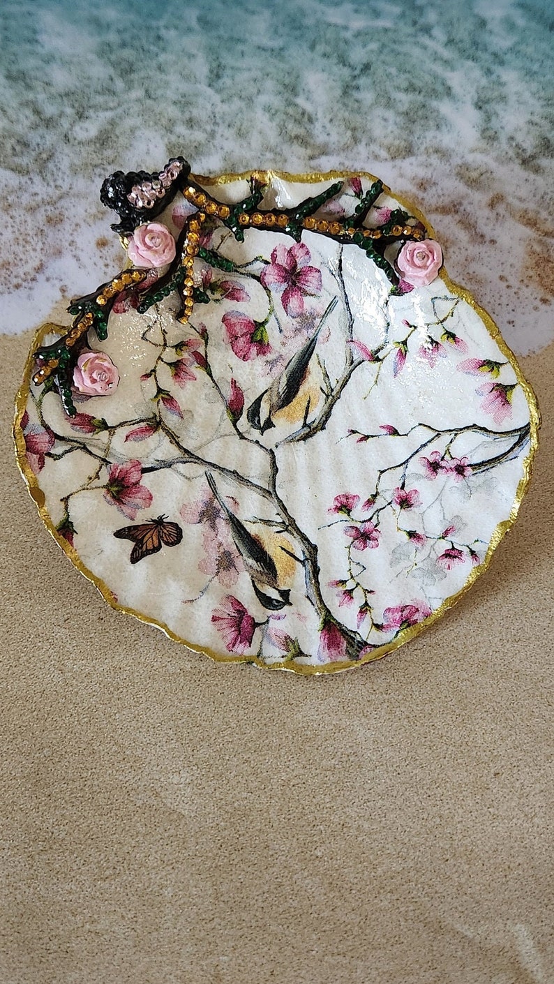 Beautiful Decoupage Shell,jewelry Dish, Trinket Dish,shell Art, Branches With Flowers, Birds - Etsy