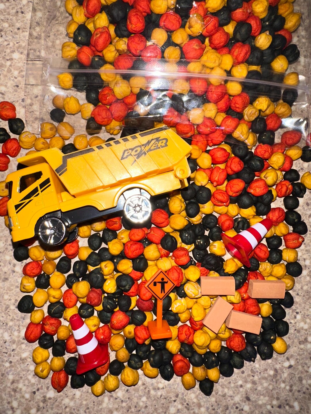 Construction Pour and Play Sensory Bag, Dump and Discover Bag, Sensory ...