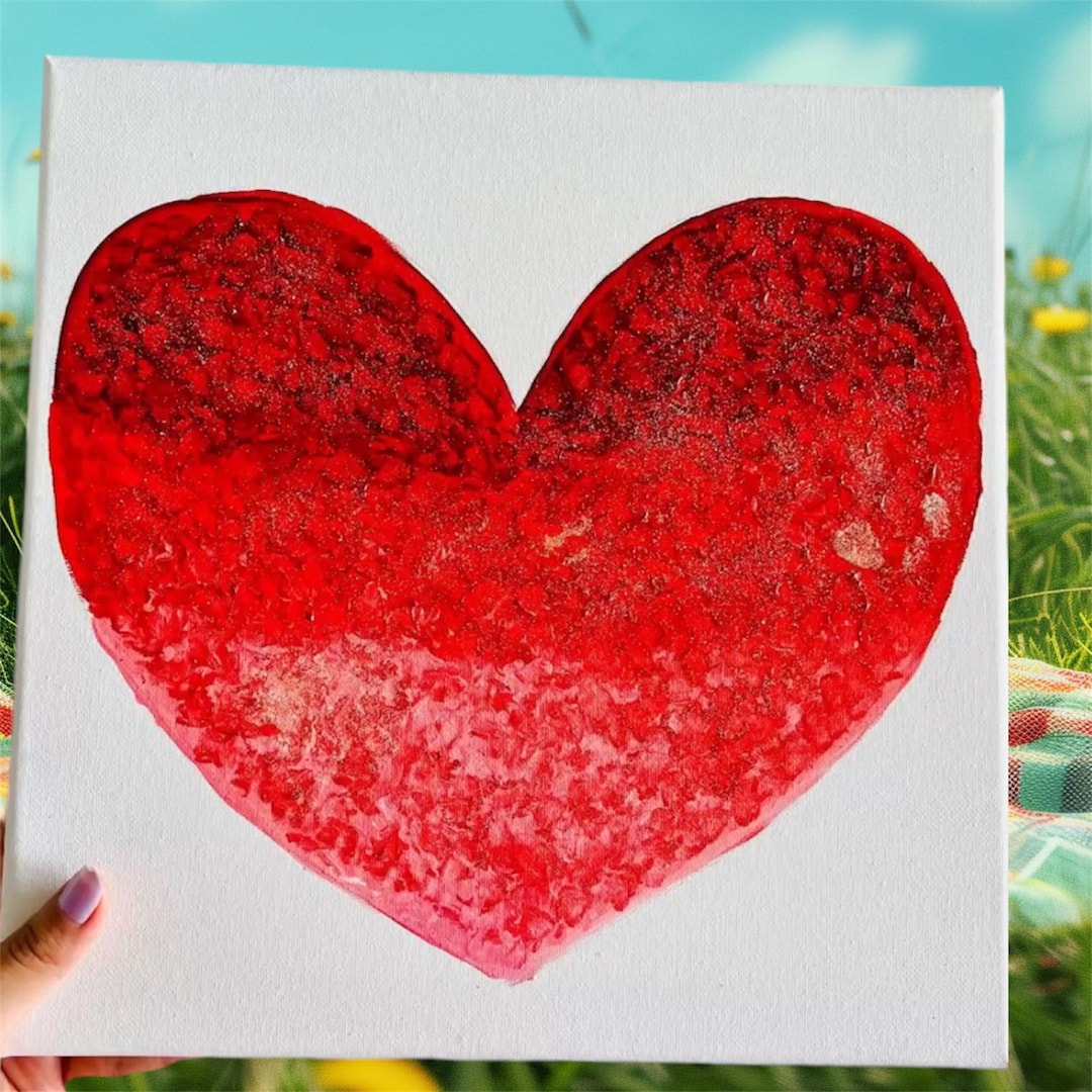 Vibrant Red Heart Artwork 12x12 Canvas Romantic Home Accent Shiny and ...