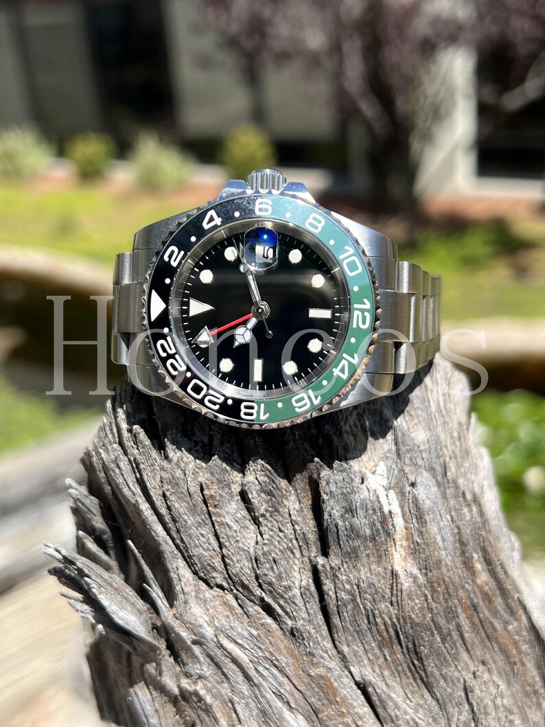Custom Made MODS Gmt Style Watch Silver Case and Oyster Bracelet Black ...
