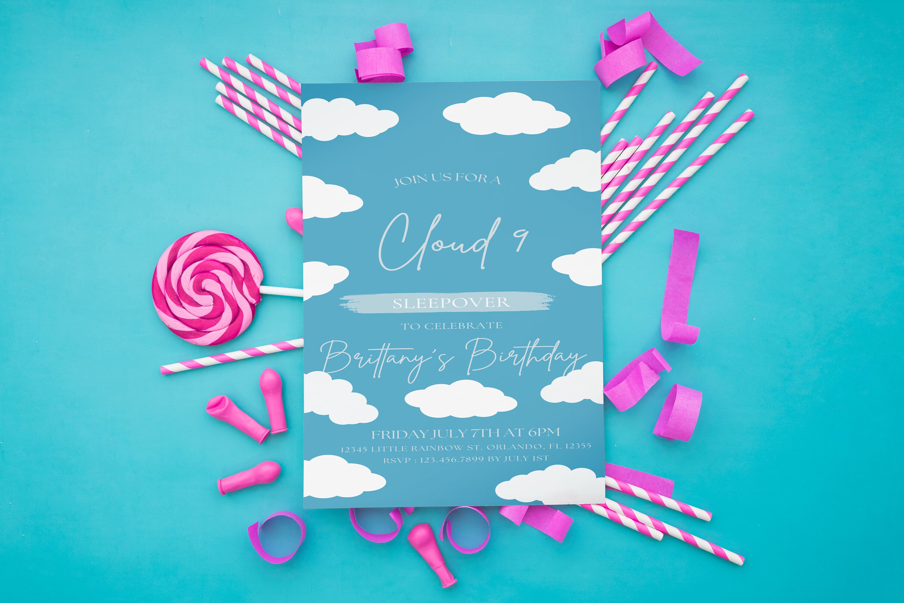 Editable Cloud 9 Birthday Invitation Template | Digital Sleepover Party ...