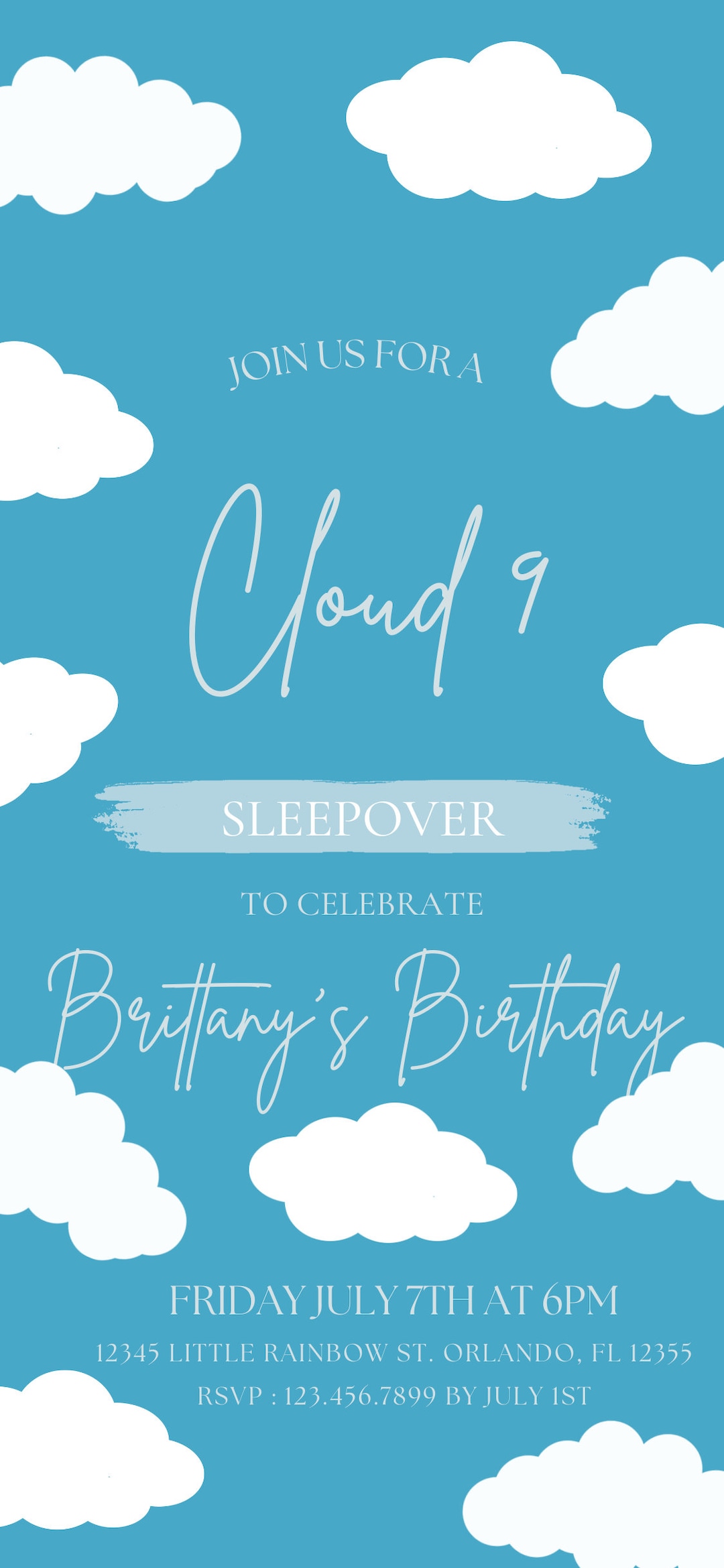 Editable Cloud 9 Birthday Invitation Template | Digital Sleepover Party ...