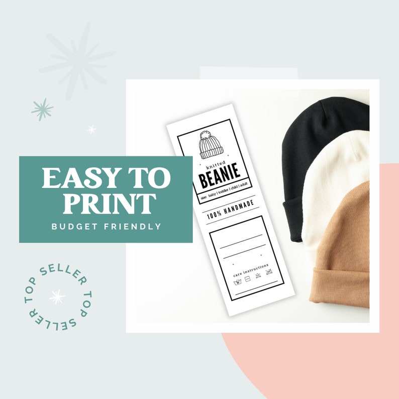Printable Beanie Tags, Knit Beanie Labels, Fold-over Tags for Handmade ...