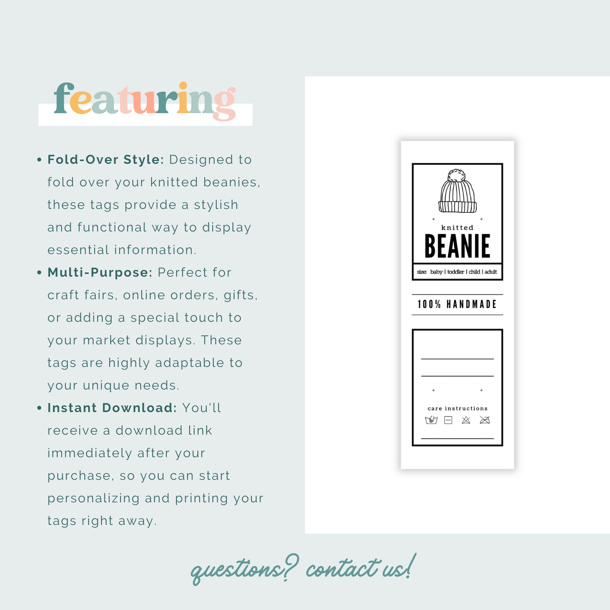 Printable Beanie Tags, Knit Beanie Labels, Fold-over Tags for Handmade ...