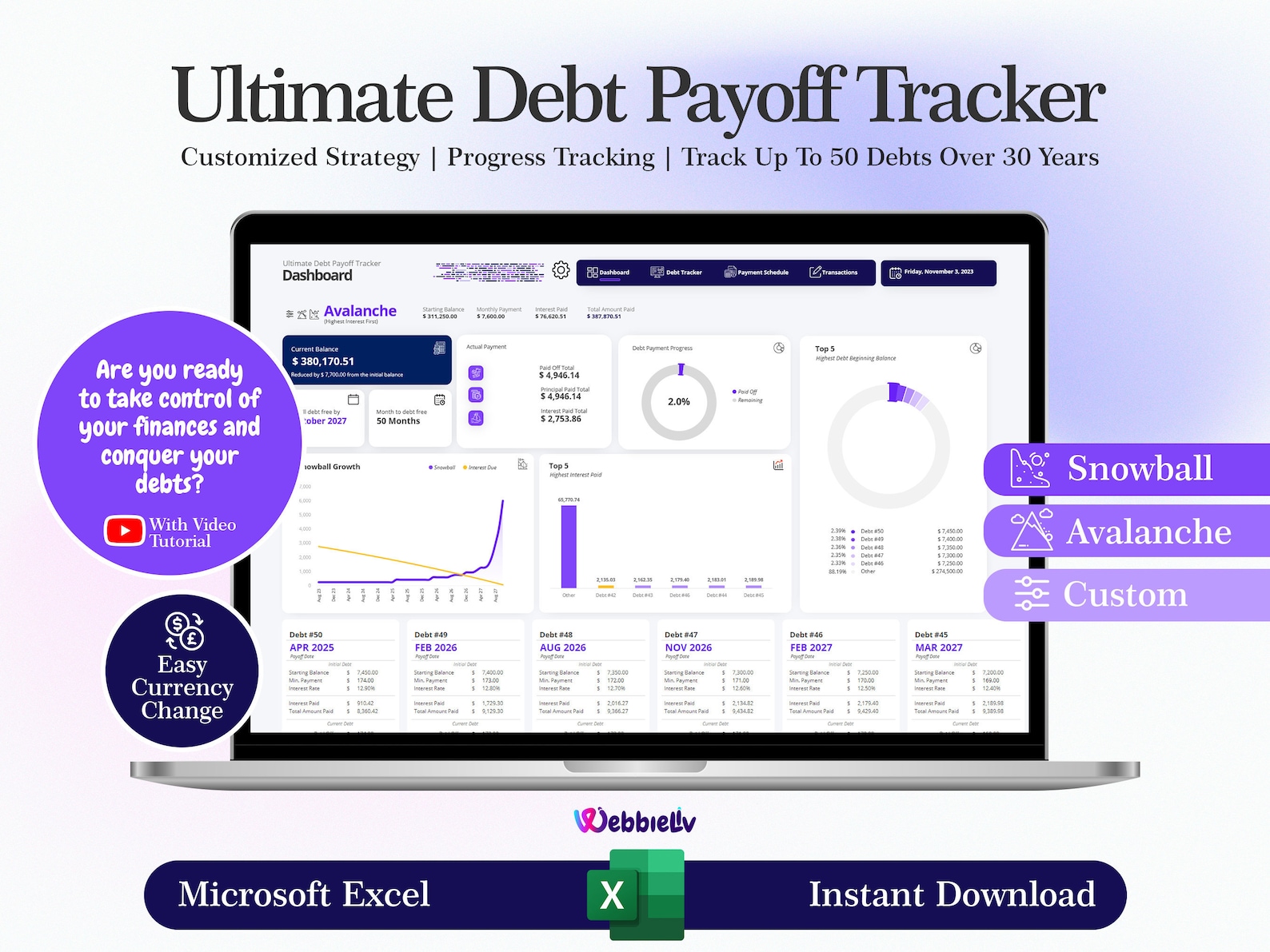 Debt Payoff Tracker: Snowball, Avalanche, Custom (excel Template) - Etsy