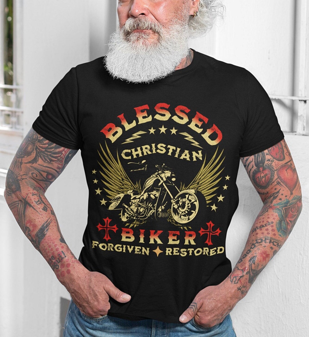 Christian Blessed Biker T Shirt Tattoo Cross Tshirt Religious Bible ...