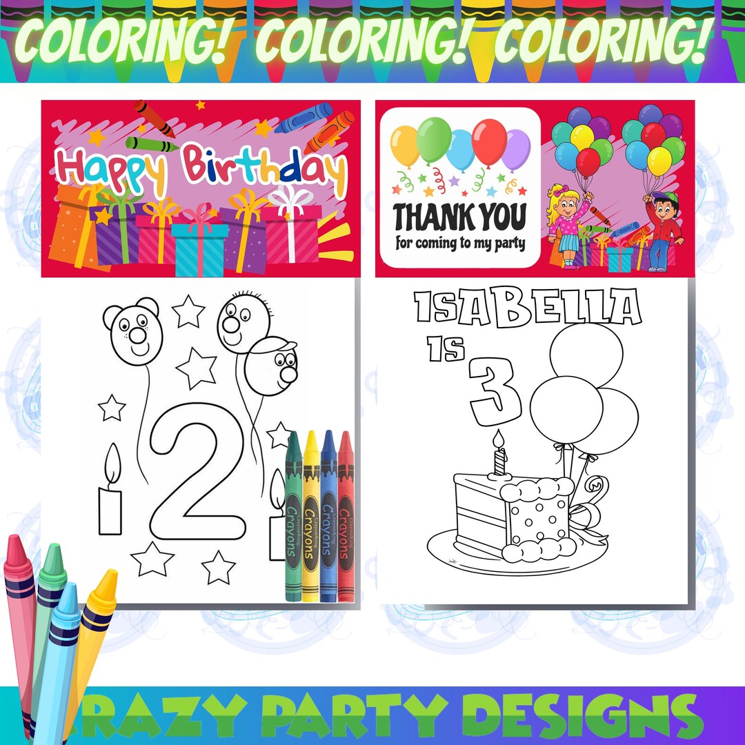 Happy Birthday Coloring Pages and Crayons, Birthday Party Favors, Party ...