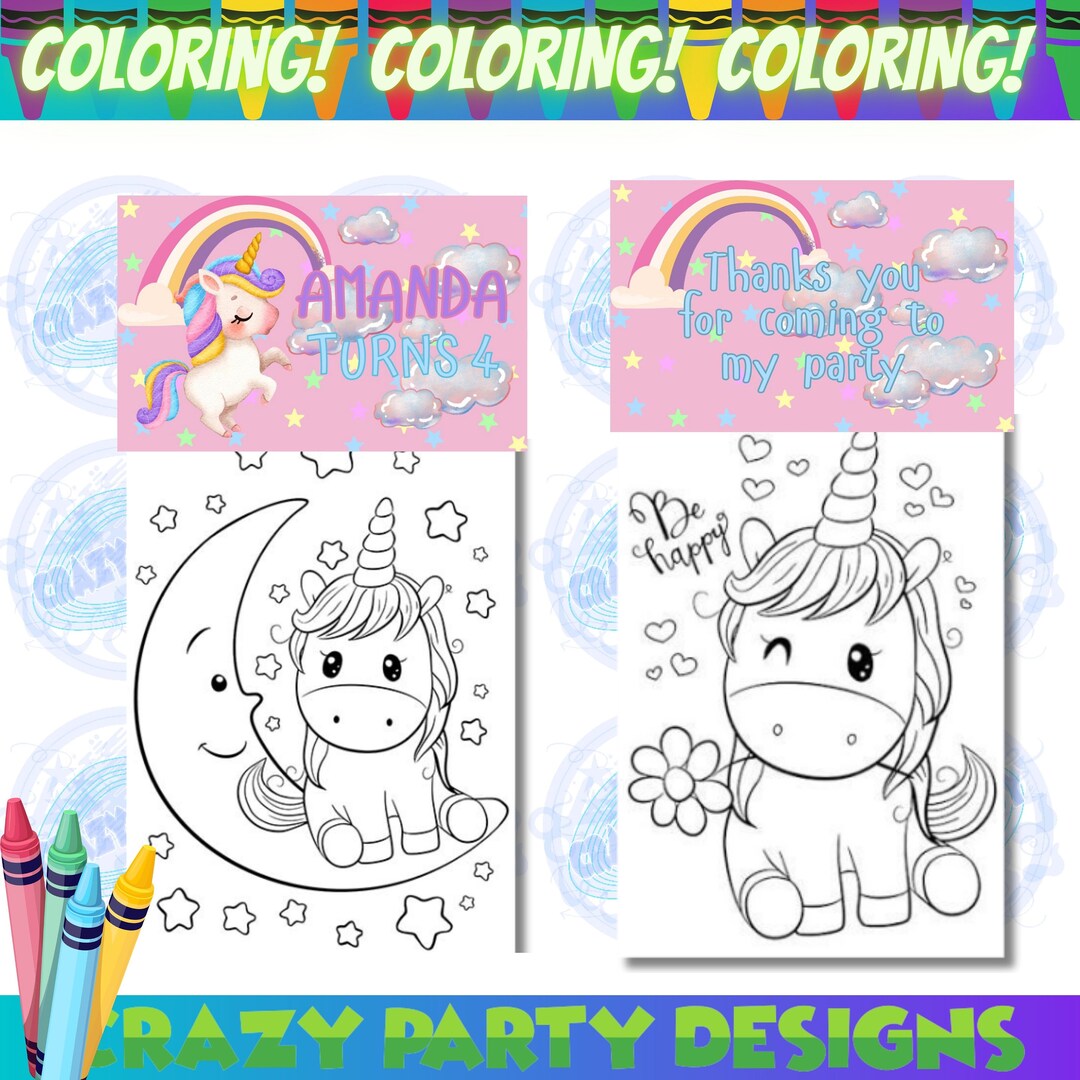 Rainbow Unicorns Mini Coloring Pages and Crayons, Unicorns Birthday ...