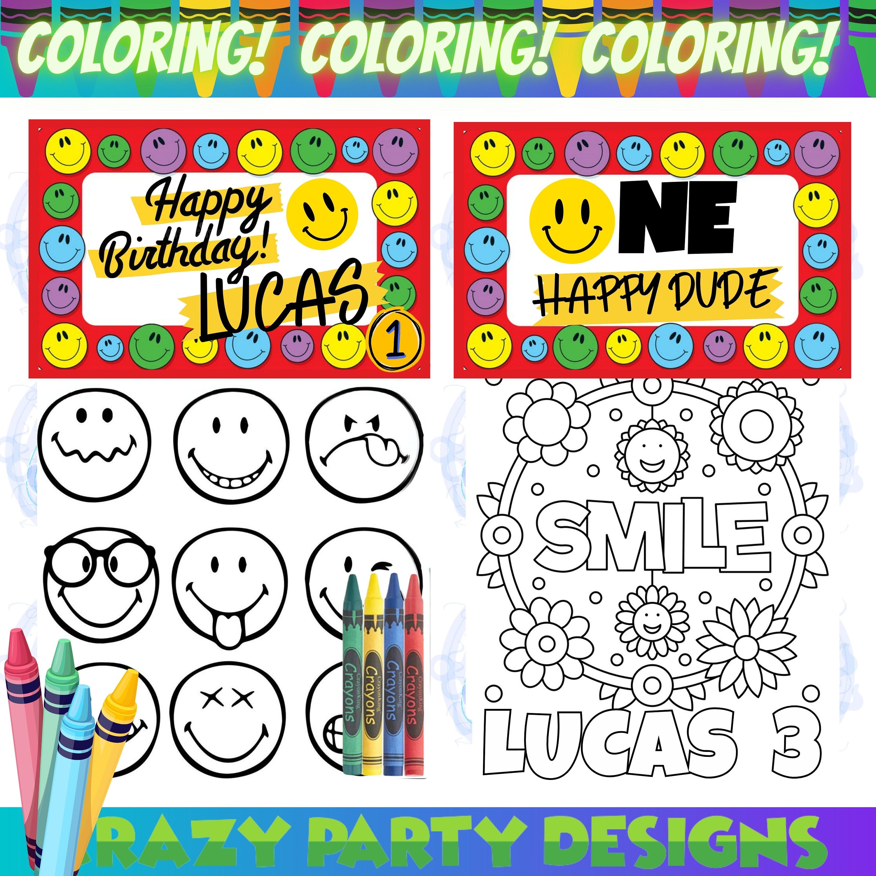 One Happy Dude Coloring Pages and Crayons Smiley Party - Etsy