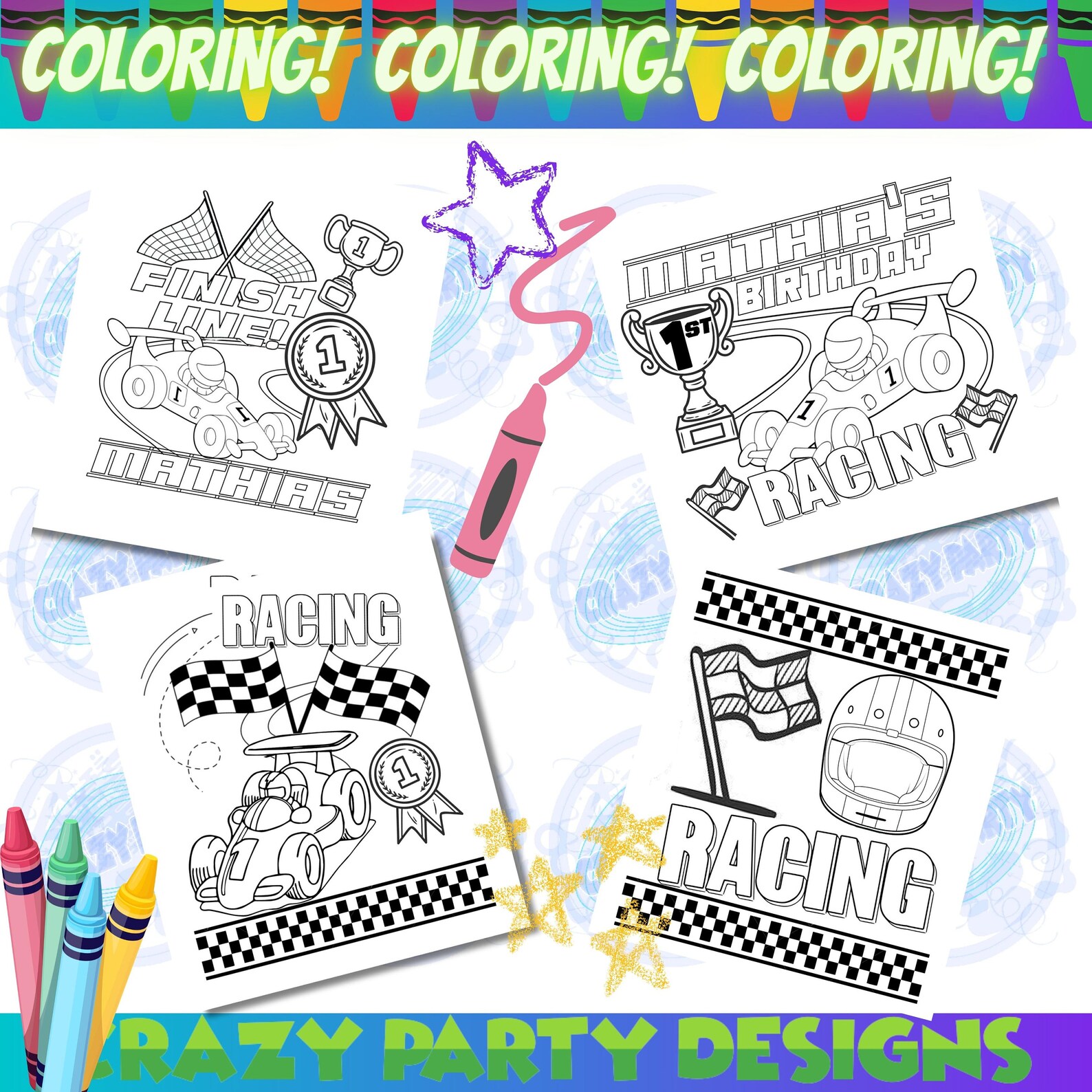 Custom Race Car Coloring Race Car Coloring Pages and Crayons - Etsy