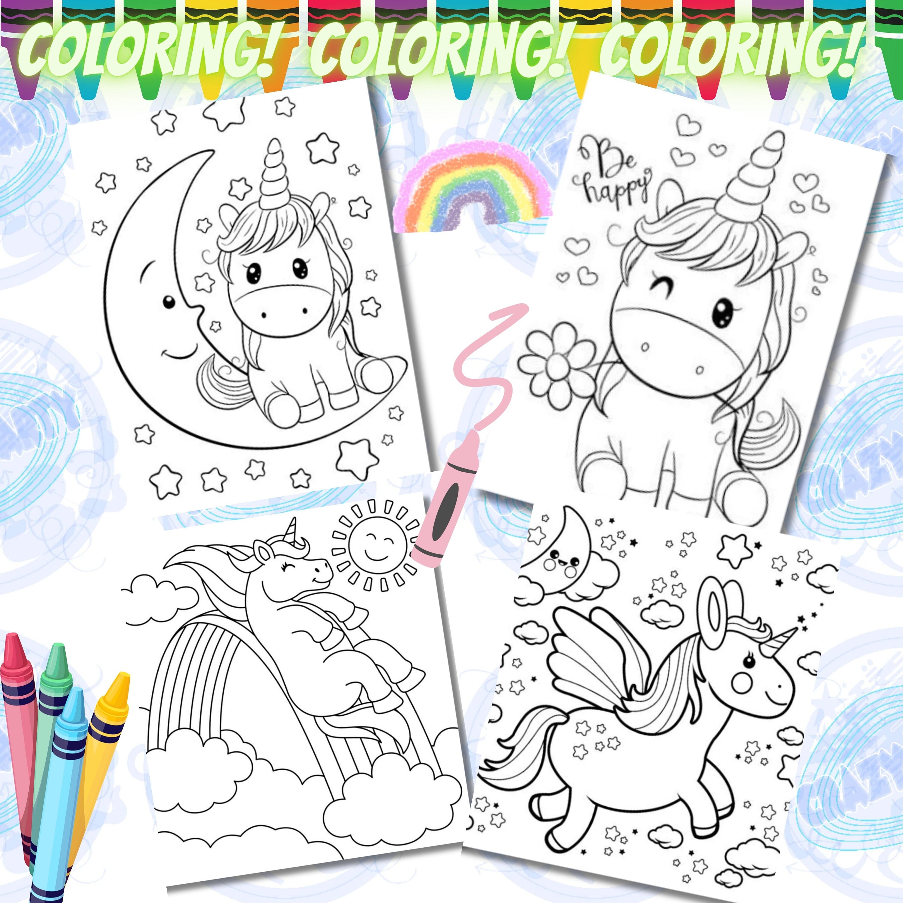 Rainbow Unicorns Mini Coloring Pages and Crayons, Unicorns Birthday ...