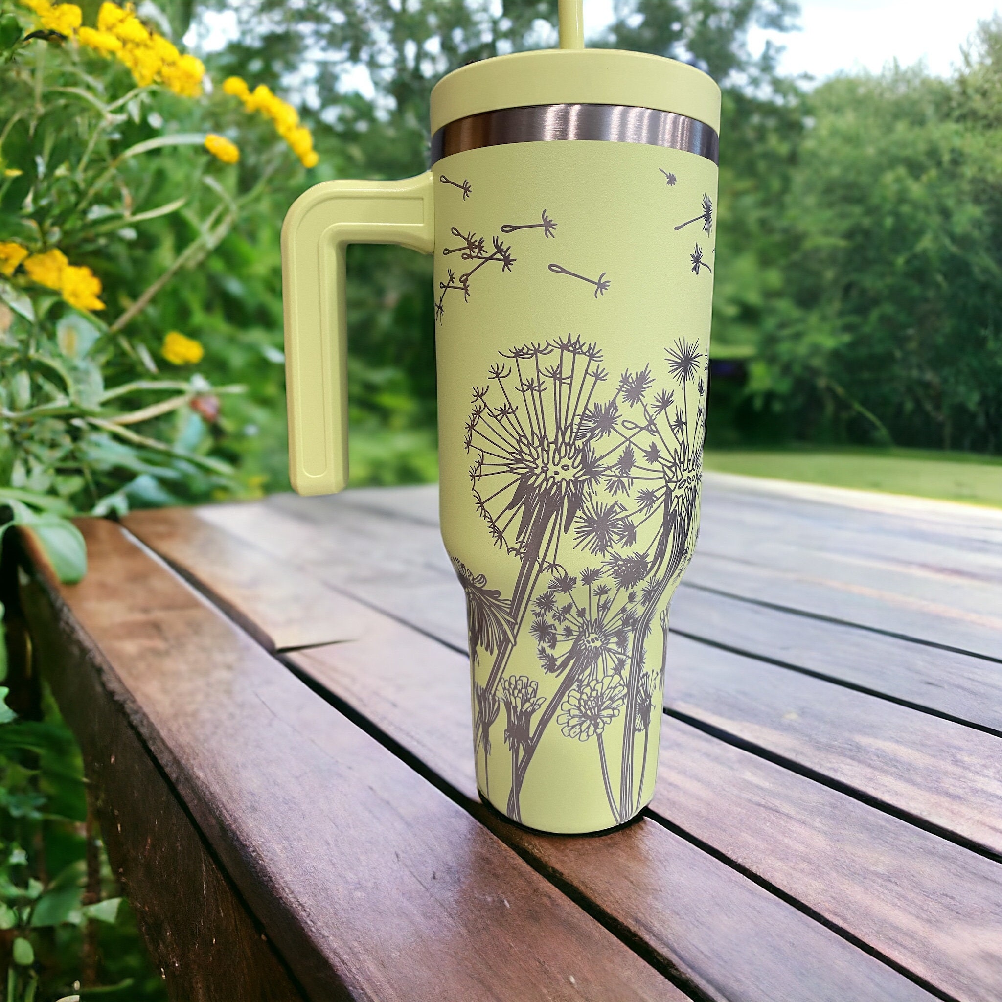 40 Oz. Dandelion Tumbler, Dandelion Design, Green Color Tumbler, Water ...