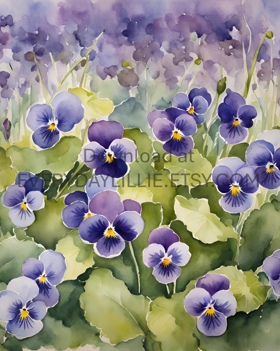 Printable Digital Watercolor Violets Art – 8x10 Inch Floral Wall Art ...