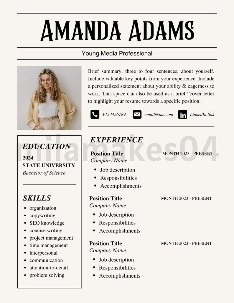 Customizable Newspaper Style Resume for Professionals With Headshot ...