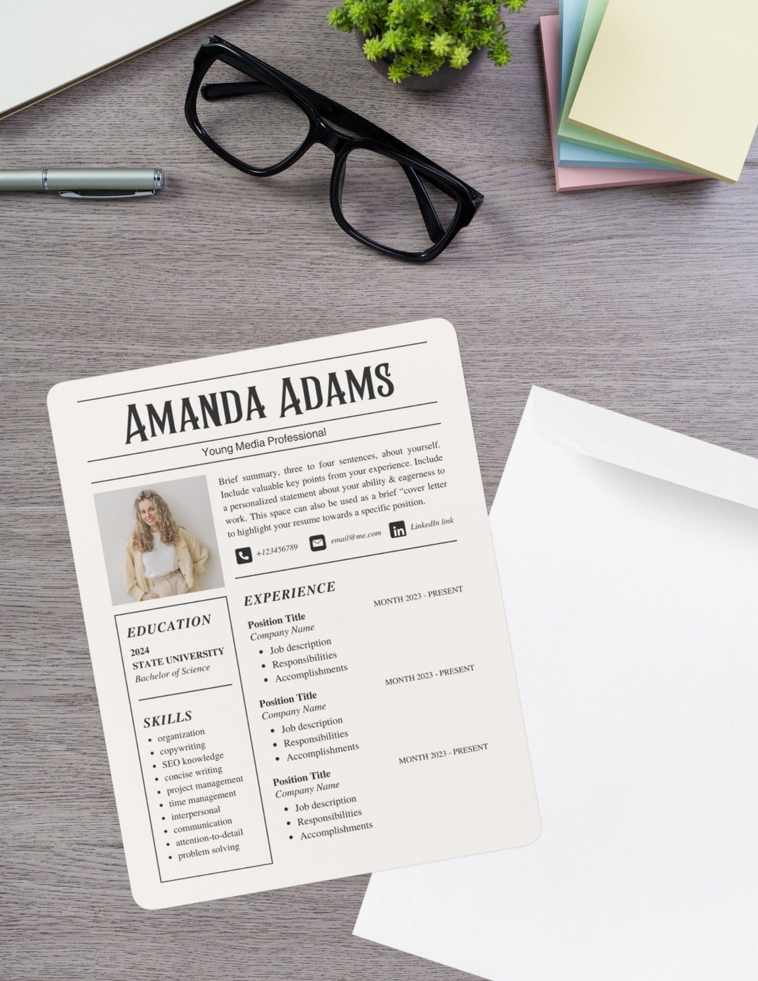 Customizable Newspaper Style Resume for Professionals With Headshot ...