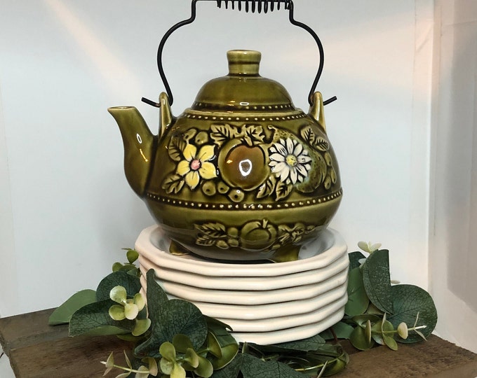 Vintage Olive Green MCM Teapot - Etsy