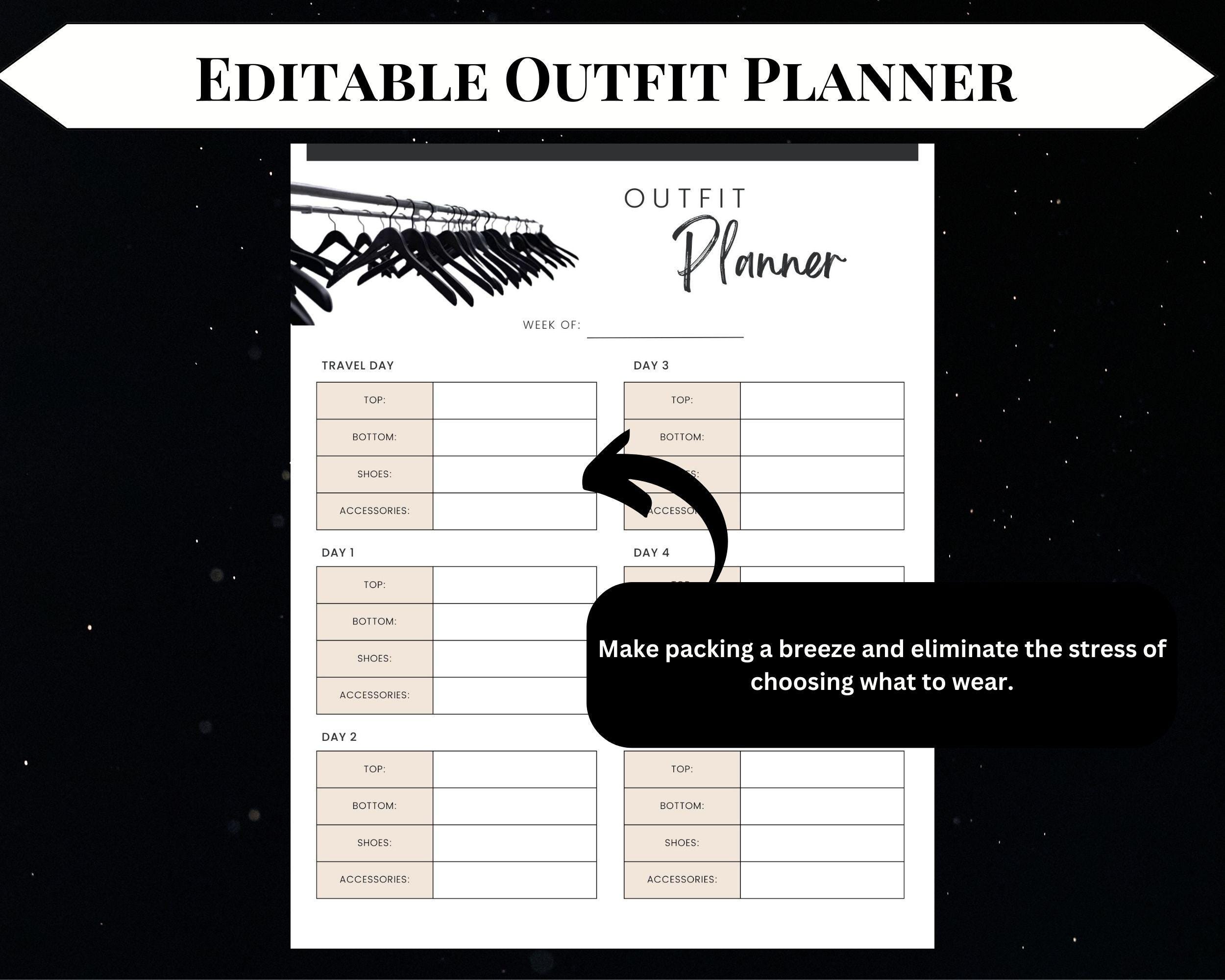 Travel Outfit Planner, Printable Editable Template, Daily Planner for ...