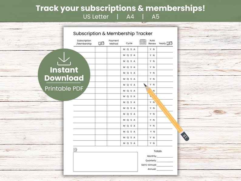 Subscription Tracker Printable Membership Checklist Budget Organizer ...