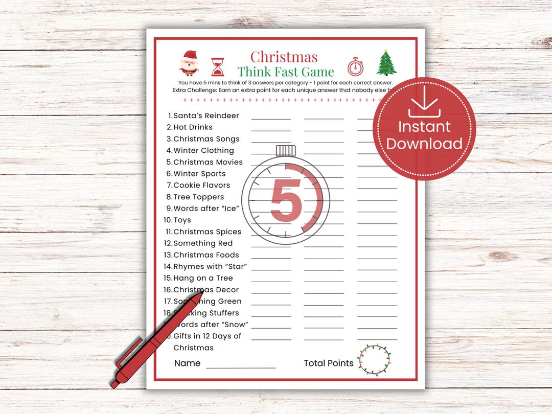 Christmas Think Fast Game | Printable Christmas Day Activity | Holiday ...