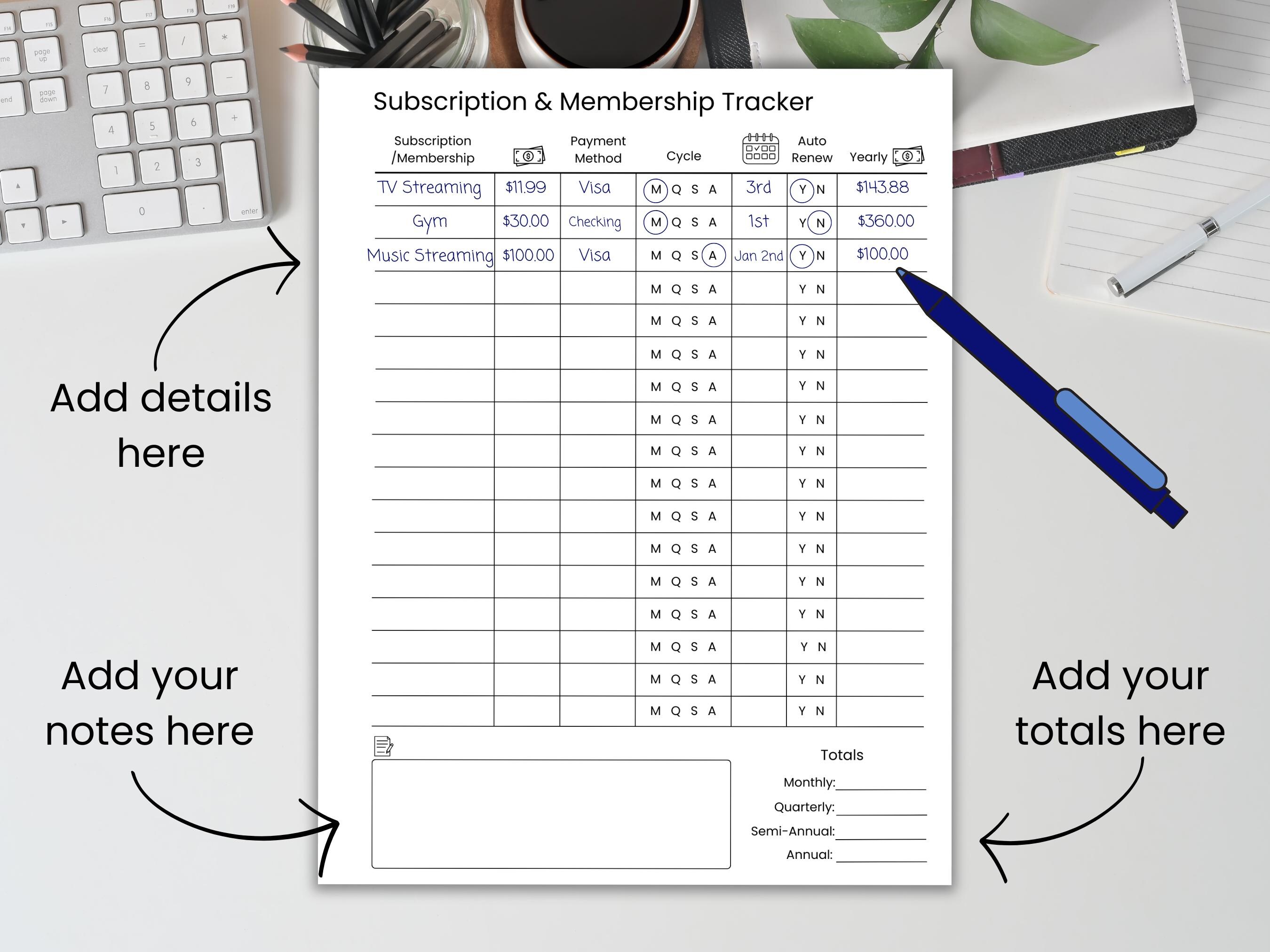 Subscription Tracker Printable | Membership Checklist| Budget Organizer ...
