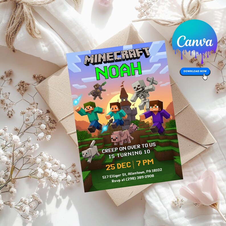 Editable Minecraft Birthday Invitation, Pixel Block Kids Party Invite ...