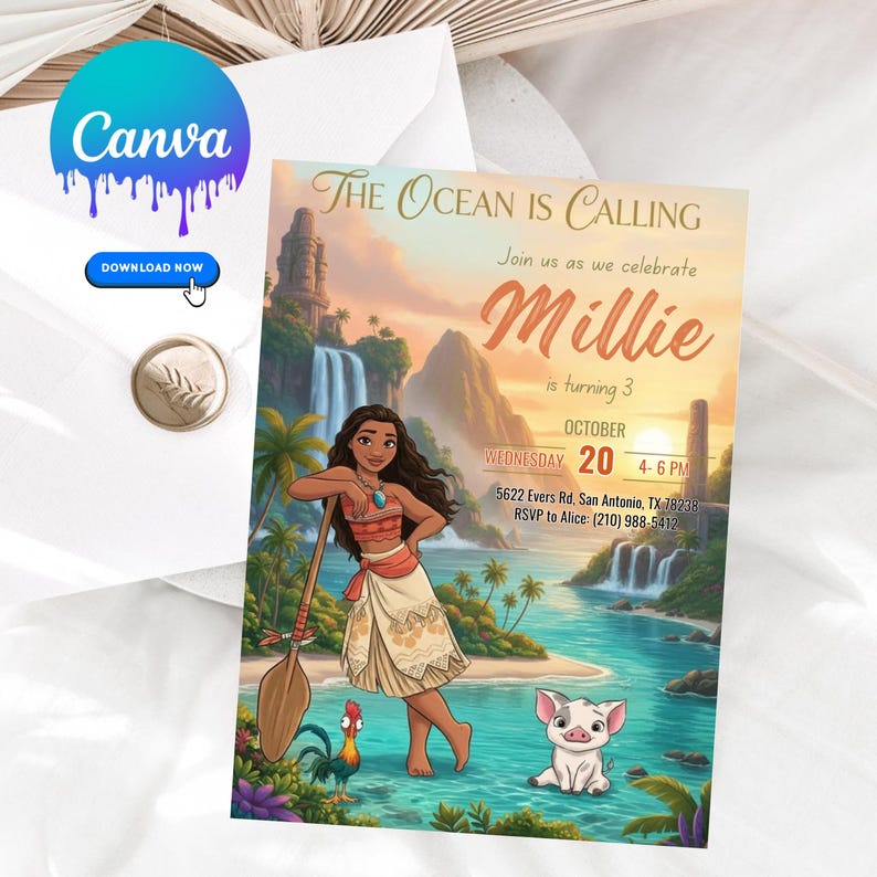 Editable Moana Birthday Invitation, Kids Hawaiian Party Invite, Digital ...