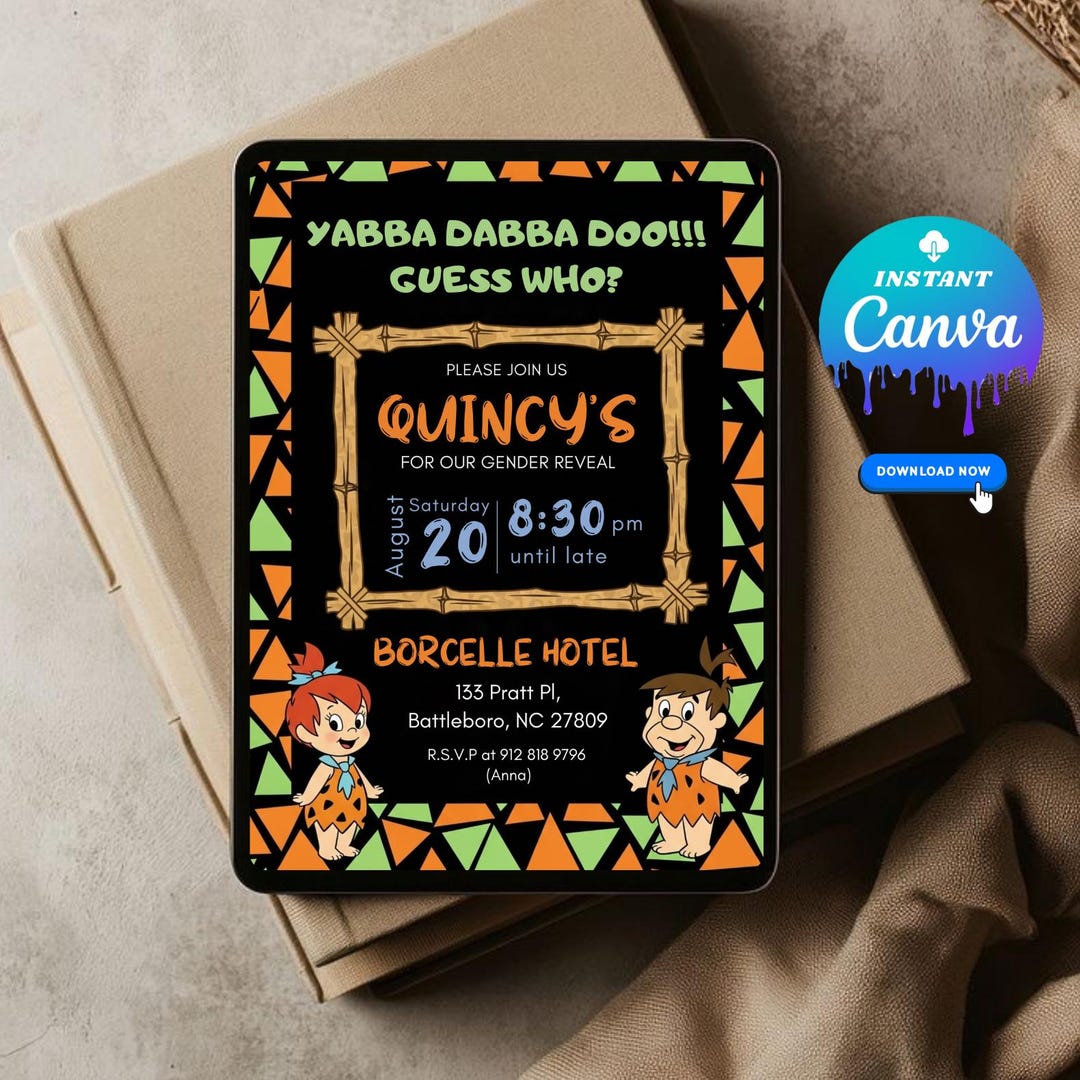 Editable Bam Bam Pebbles Gender Reveal Invitation, Canva Template ...