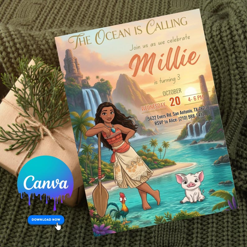 Editable Moana Birthday Invitation, Kids Hawaiian Party Invite, Digital ...