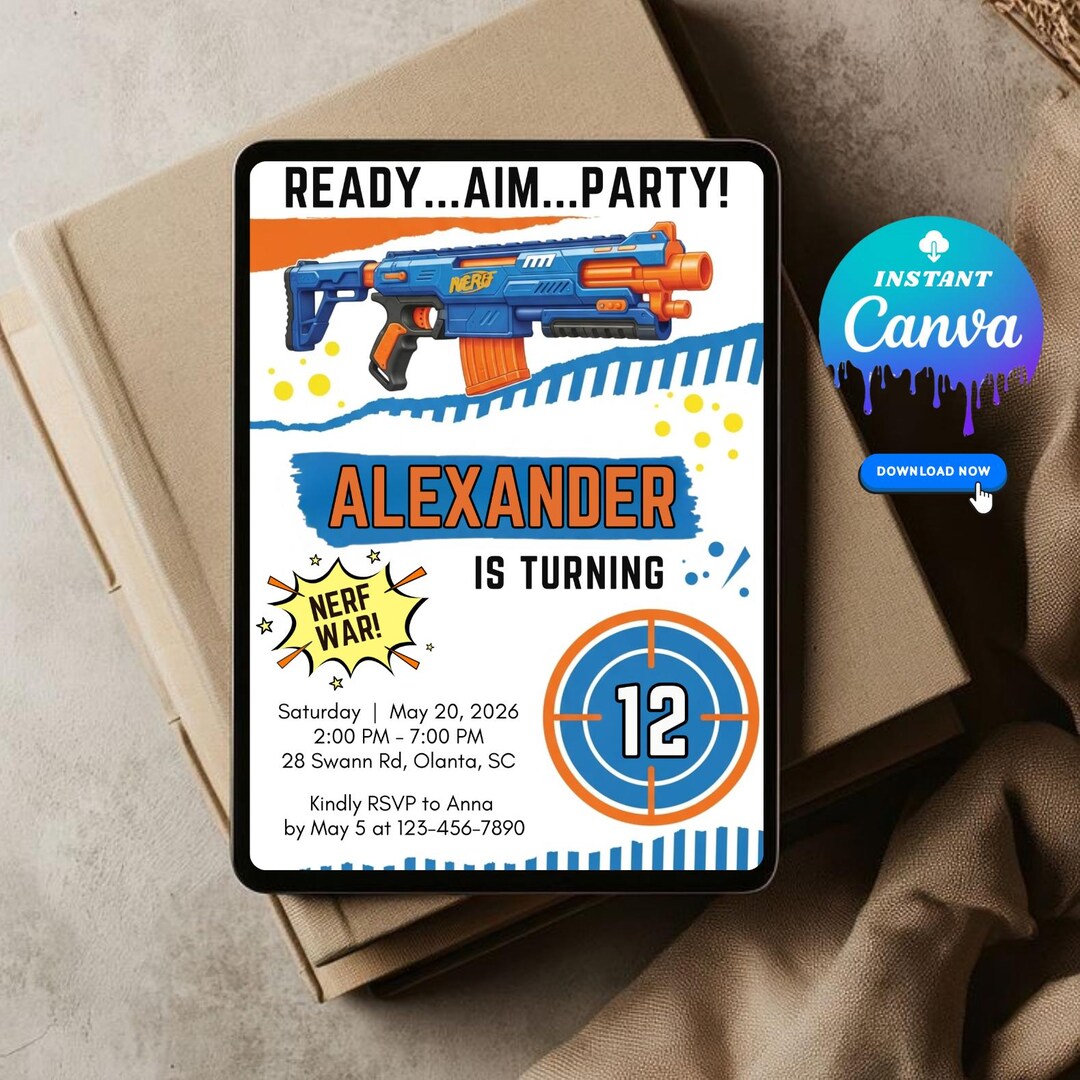 Editable Nerf Birthday Invitation | Nerf War Battle Party Template ...