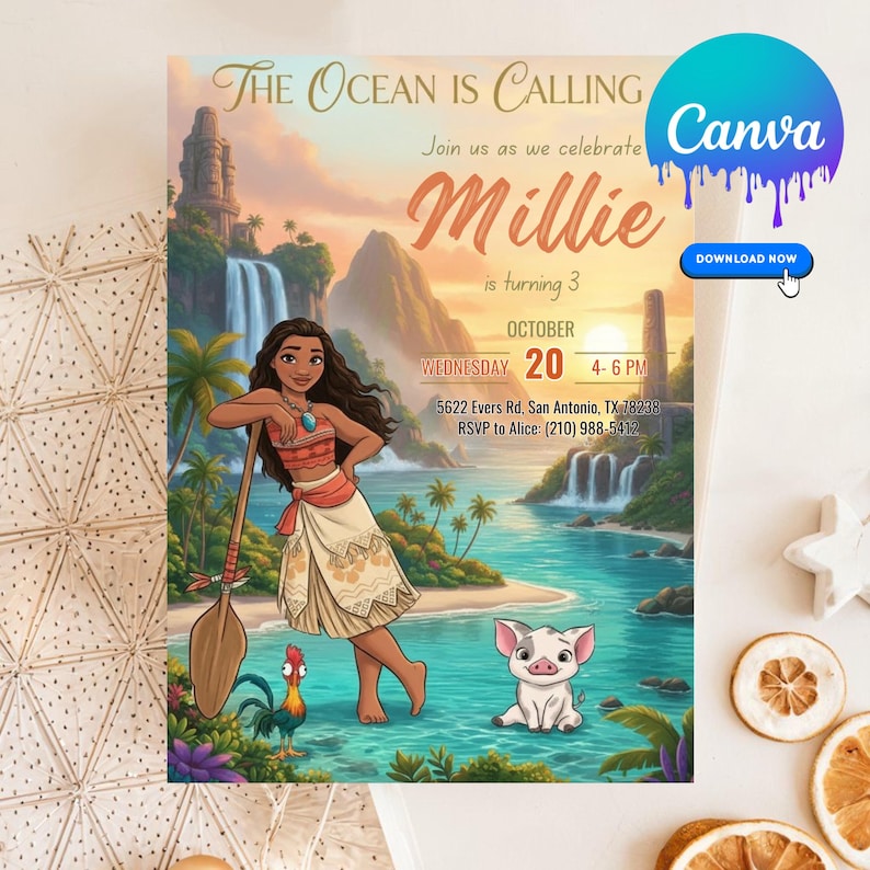 Editable Moana Birthday Invitation, Kids Hawaiian Party Invite, Digital ...