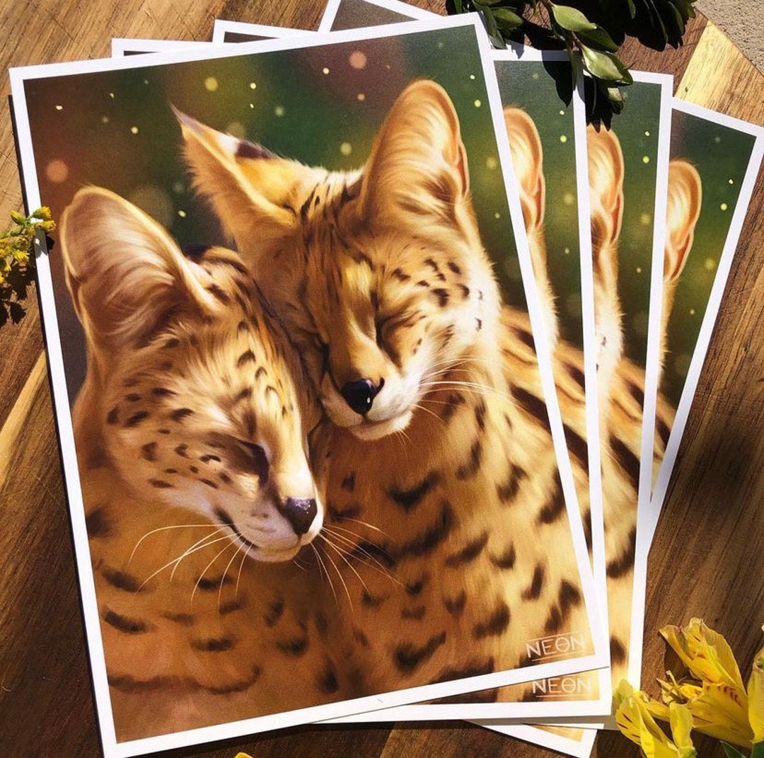 Two Servals Art Print, Cute Cuddling Postcard, Postcard Art Print, Wild ...